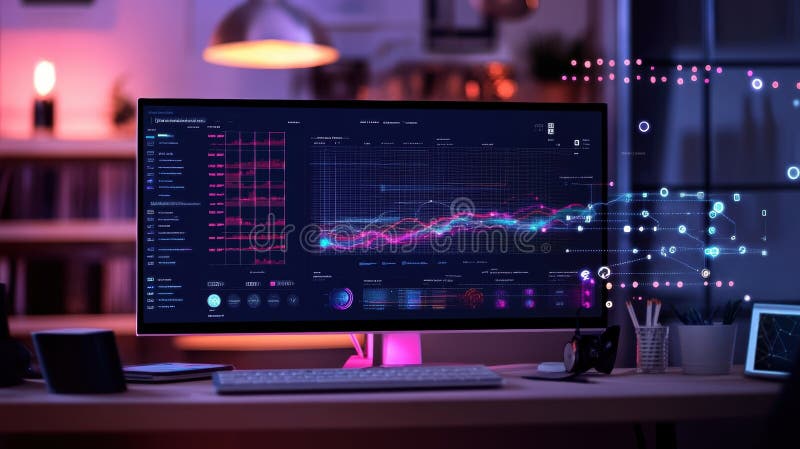 Computer Showing Futuristic Charts and Business Data Analysis in Modern ...