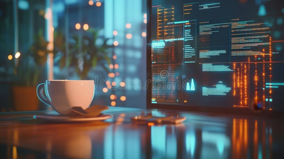 Computer Showing Futuristic Cyber Security Interface with Coffee Cup on ...