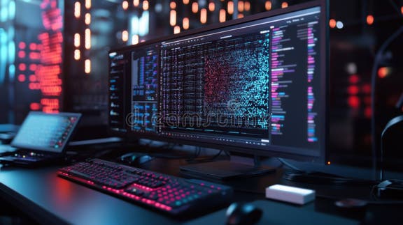 Computer Showing Source Code on Monitor in Modern Office at Night Stock Image - Image of ...