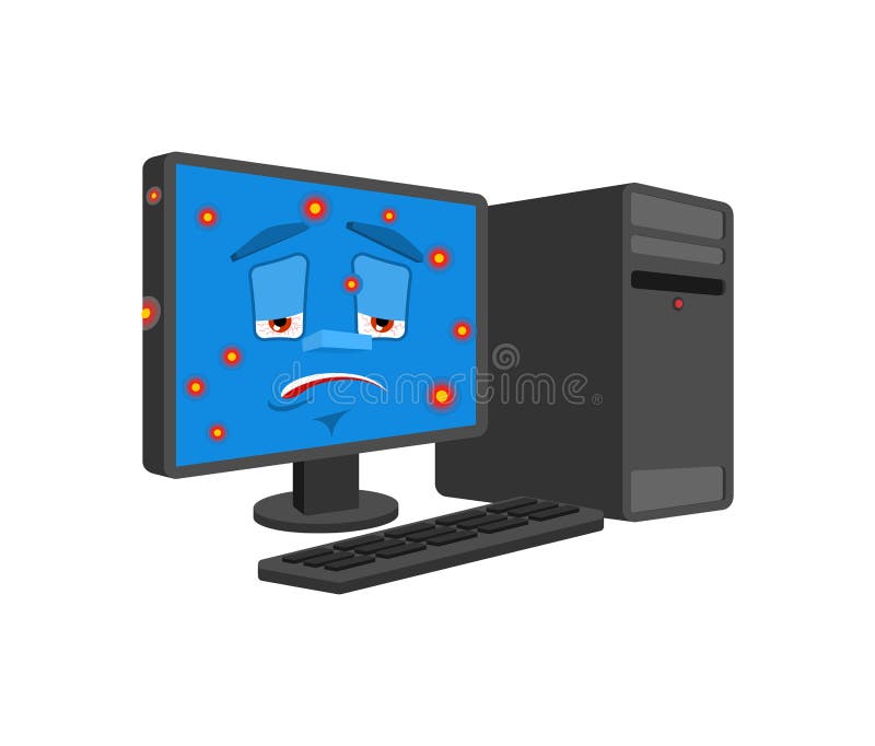 Computer Sick Infection Isolated. Virus Ill PC Cartoon Style Stock ...