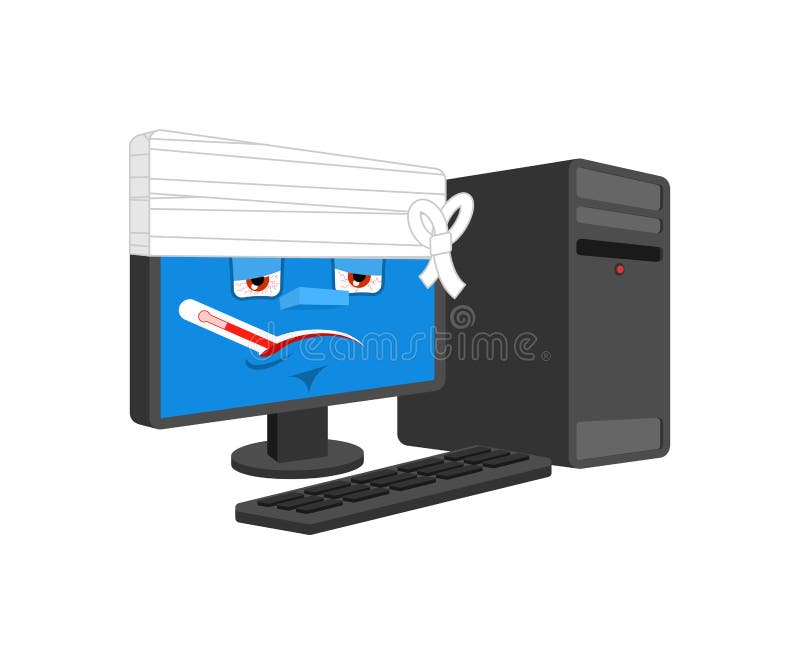 Computer Sick with Thermometer Isolated. Ill PC Cartoon Style. Data ...