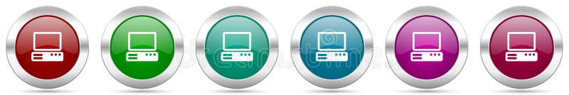 Computer Silver Metallic Vector Icon Set, Round Glossy Buttons with ...