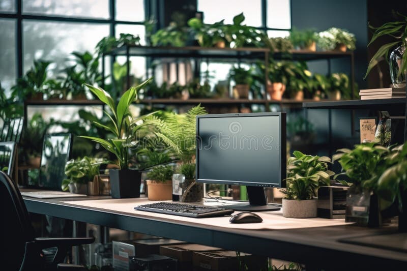 A Computer Sits on Top of a Wooden Desk. Suitable for Technology and ...