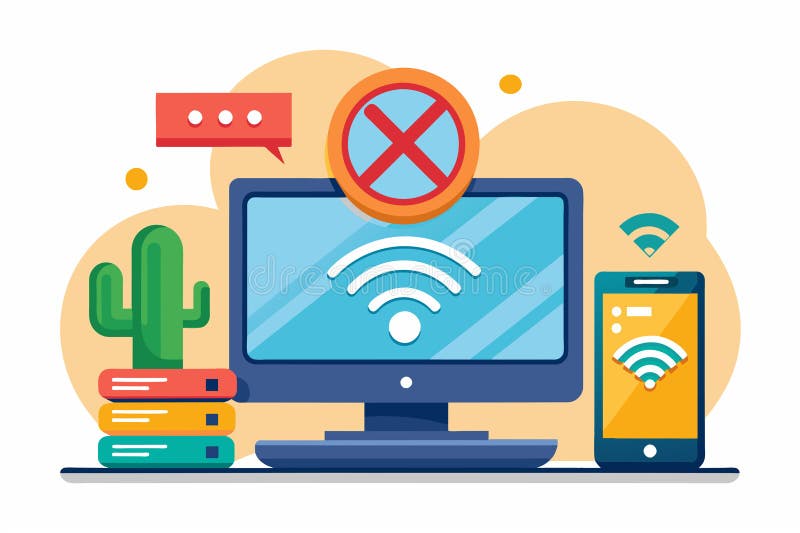 A Computer and Smartphone Display No Network Signal, Surrounded by a ...