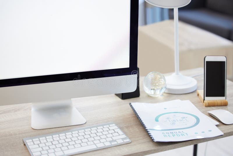Computer, Smartphone and Documents at Workstation in Office for ...
