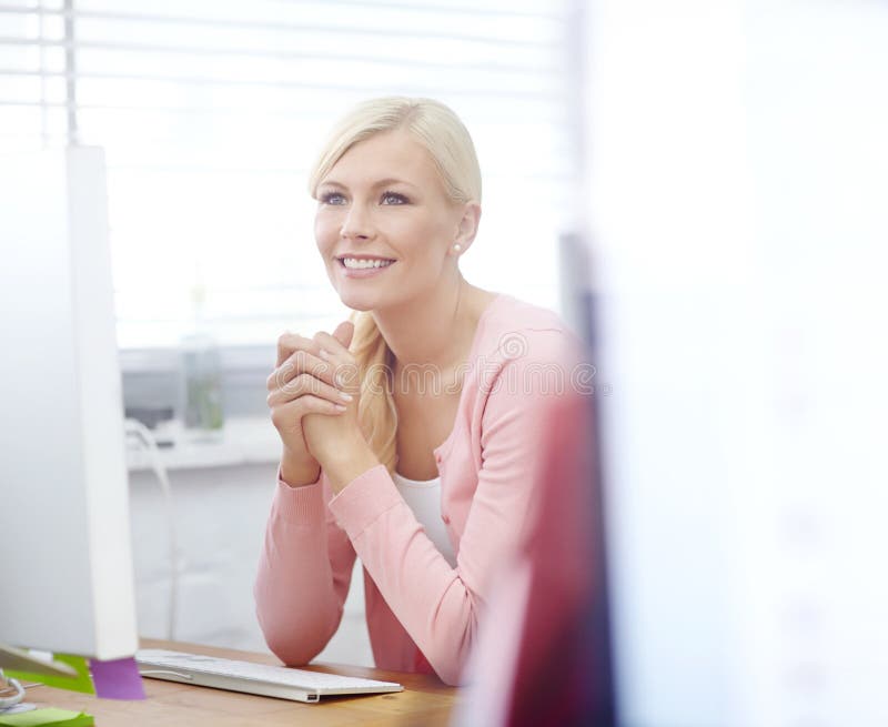 Computer, Smile and Thinking with Business Woman in Office for ...