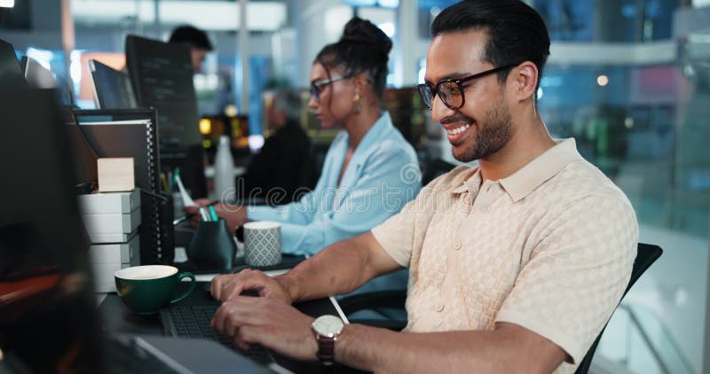 Computer, Smile and Typing with Programmer at Desk in Office As Graphic Designer for Software ...