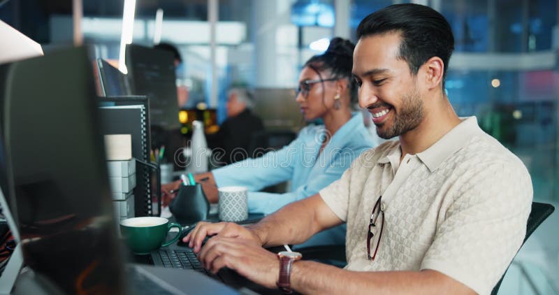 Computer, Smile and Typing with Programmer Man at Desk in Office for ...