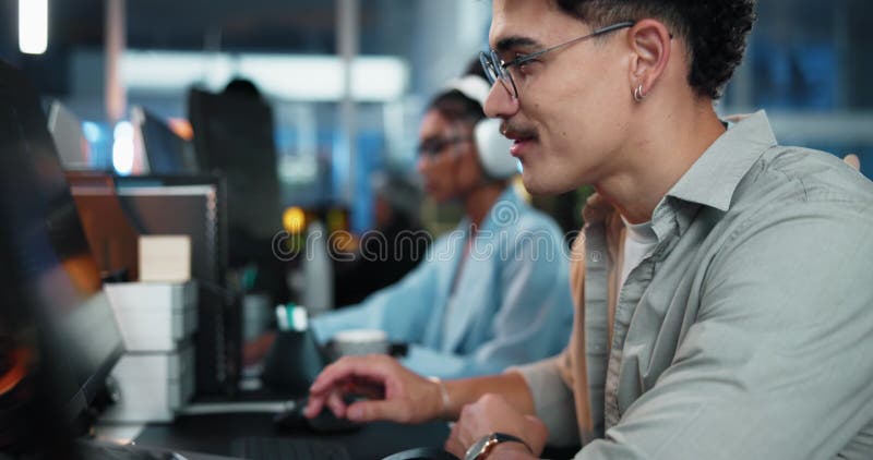 Computer Smile And Typing With Programmer Man In Office As Graphic Designer For Software