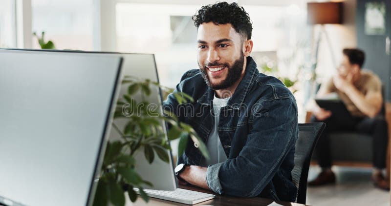 Computer, Smile and Web Development with Man in Creative Workplace for Coding or Design ...