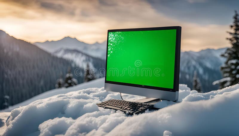 Computer in Snowy Mountains with Sunset in the Background Stock ...