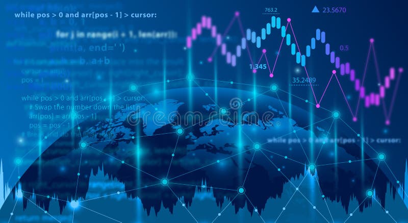 Computer Source Code and Stock Graph Chart on Monitor Screen. Modern ...