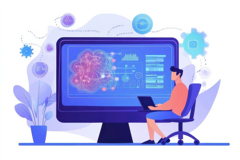 Computer Specialist Analyzing Data of Digital Brain on Computer Screen Using Laptop Stock ...