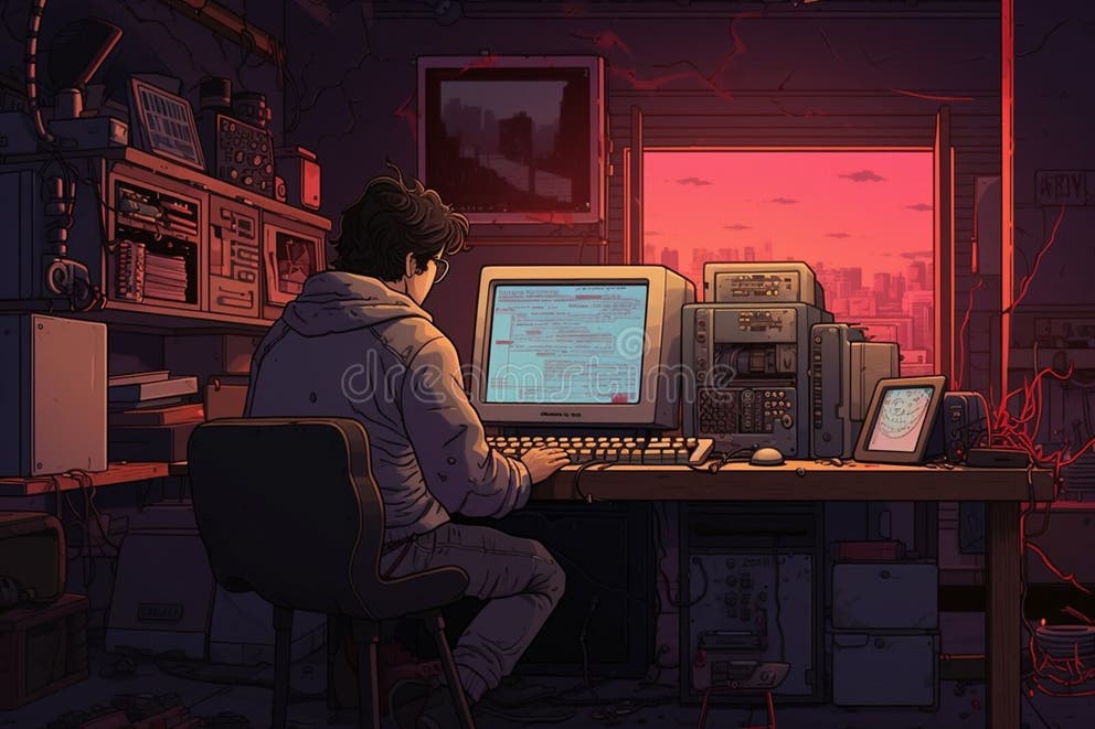 A Hacker Sits and Works at a Computer. a Computer Specialist Creates ...