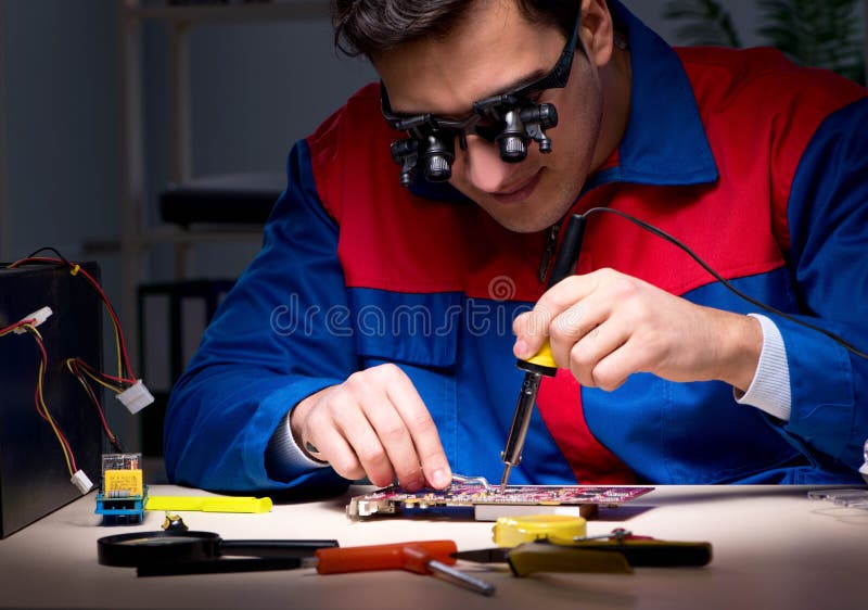 Computer Specialist Repairing PC Late at Night Stock Image - Image of ...