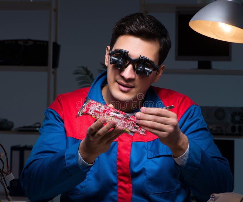 Computer Specialist Repairing PC Late at Night Stock Image - Image of ...