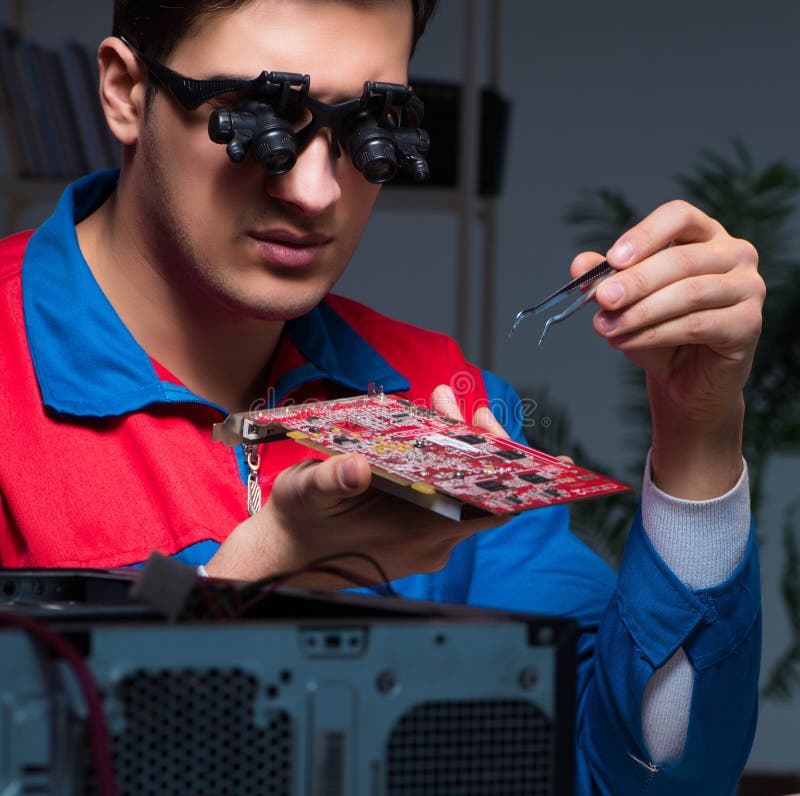 Computer Specialist Repairing PC Late at Night Stock Photo - Image of ...