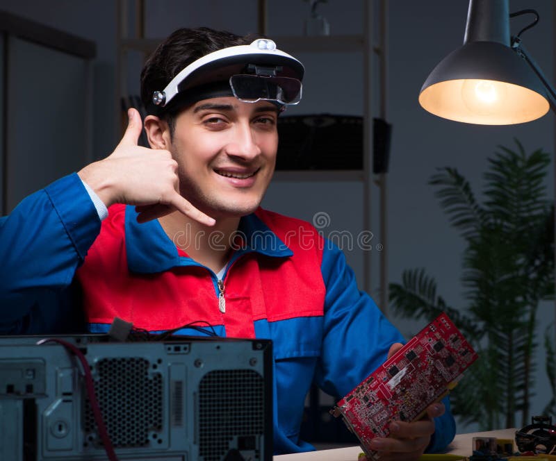 Computer Specialist Repairing PC Late at Night Stock Photo - Image of ...