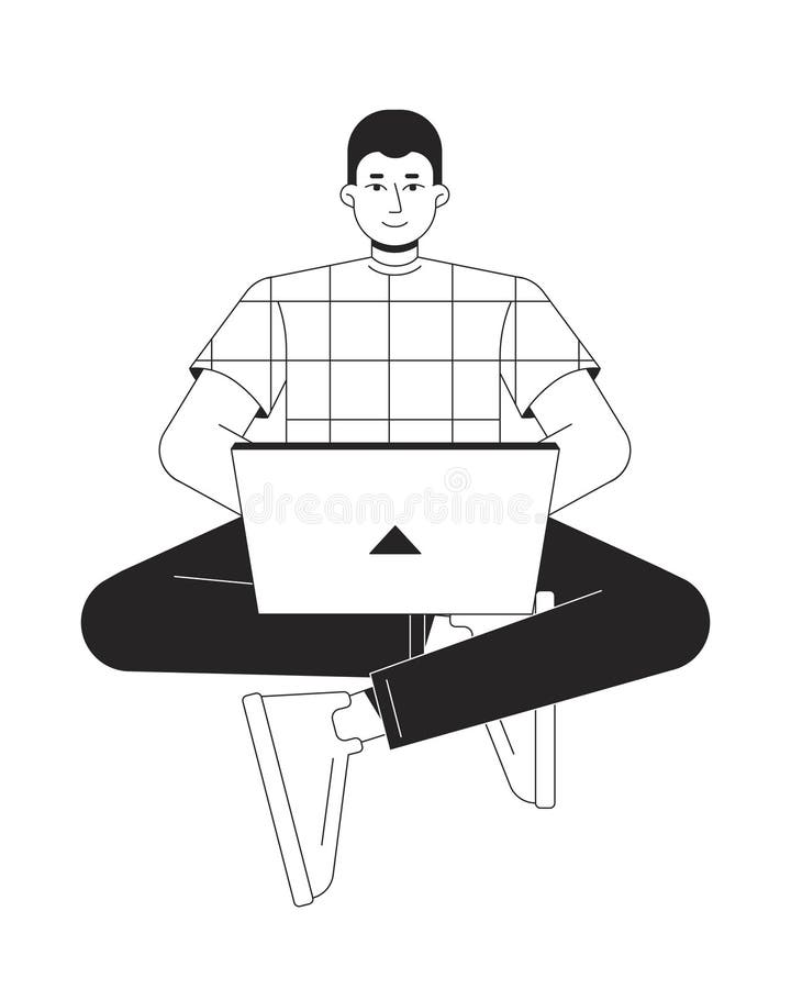 Computer Specialist Working on Laptop Bw Vector Spot Illustration Stock ...