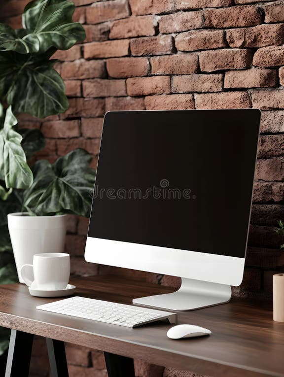 Computer Stands on Table with Plants. Dark Background. Side View ...