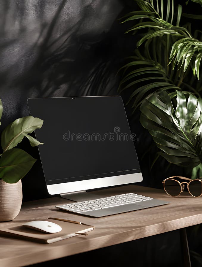 Computer Stands on Table with Plants. Dark Background. Side View ...