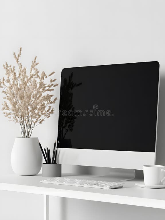 Computer Stands on Table with Plants. Light Background. Side View ...