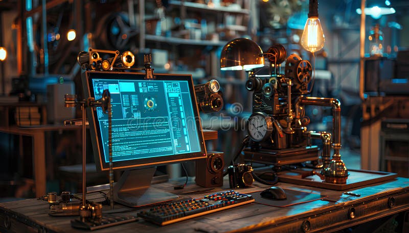 Computer in Steampunk Style on a Table on a Blurred Background of the ...