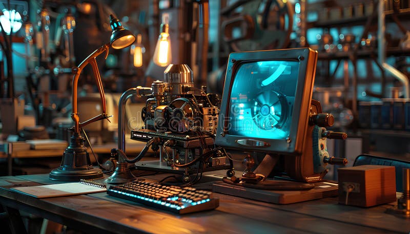 Computer in Steampunk Style on a Table on a Blurred Background of the ...