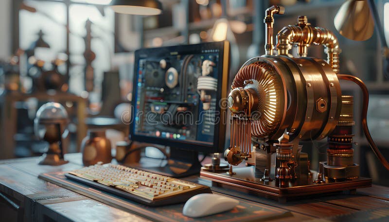 Computer in Steampunk Style on a Table on a Blurred Background of the ...