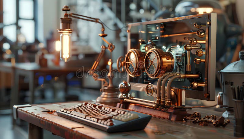 Computer in Steampunk Style on a Table on a Blurred Background of the ...