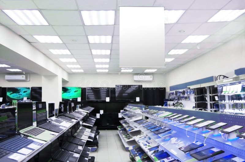 Computer Store. Template White Banner in Small Shopping Room Stock ...