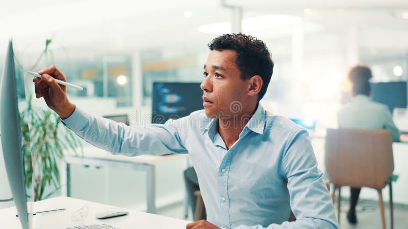 Computer Stylus And Man In Office With Programming For Web Development Update Or System