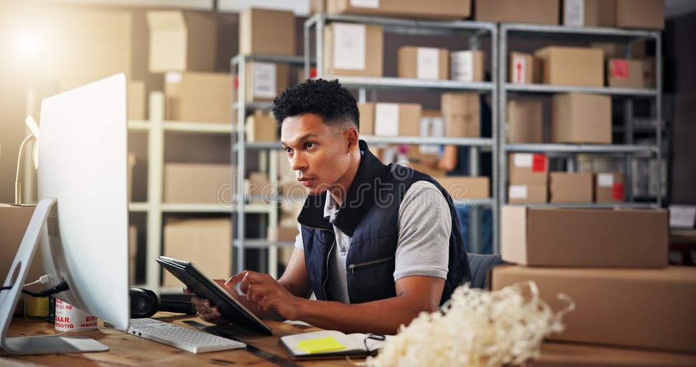 Computer, Supply Chain and Tablet with Man in Distribution Warehouse ...