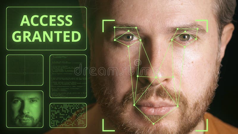 Computer System Scans Man`s Face and Identifies Person. Access Granted ...