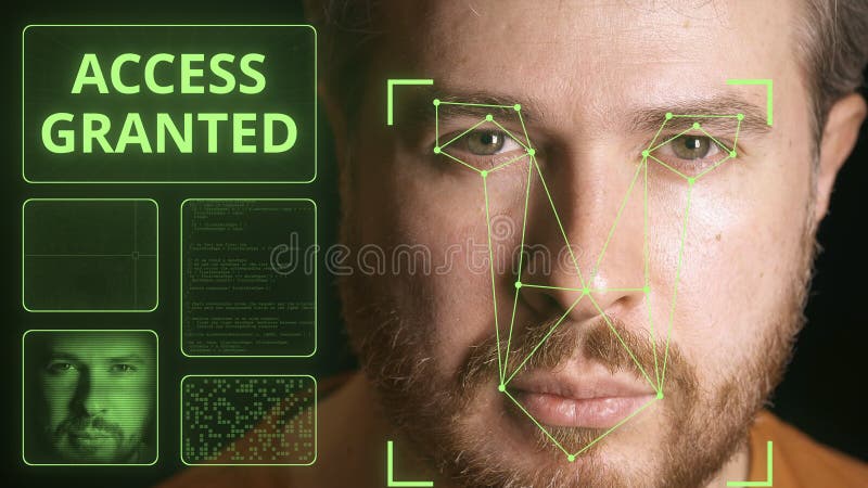 Computer System Scans Man`s Face and Identifies Person. Access Granted ...