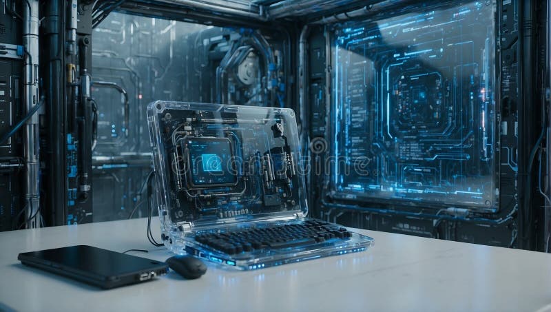 Computer on the Table, All Transparent, Light Blue, Futuristic Stock ...