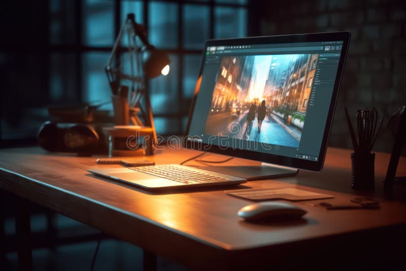 Computer on the Table at Home Studio Night Light with Ai Generated ...