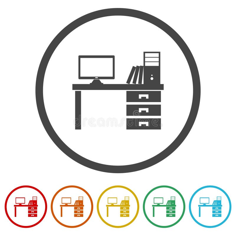 Computer Table Icon. Set Icons in Color Circle Buttons Stock Vector - Illustration of office ...
