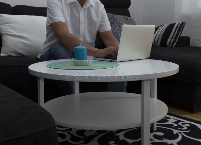 Computer at the Table and a Man Working on it Stock Image - Image of ...