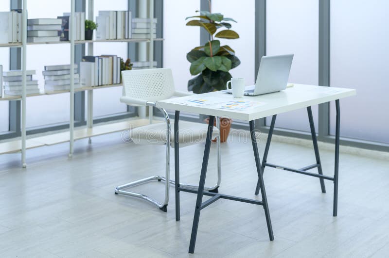 Computer on Table in Modern Office Stock Image - Image of interior ...