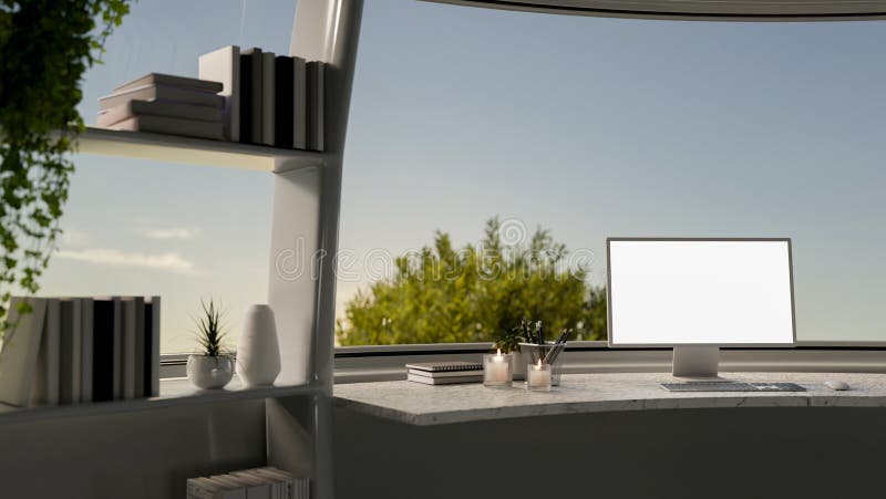 A Computer on a Table in a Modern Room, Positioned Against a Large ...