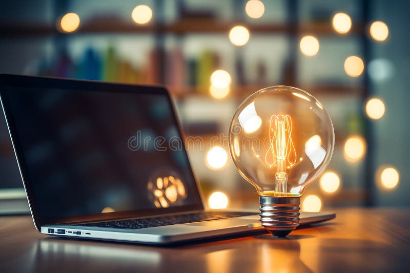 Computer on Table in Office with Glowing Light Bulb. Idea Concept Stock ...