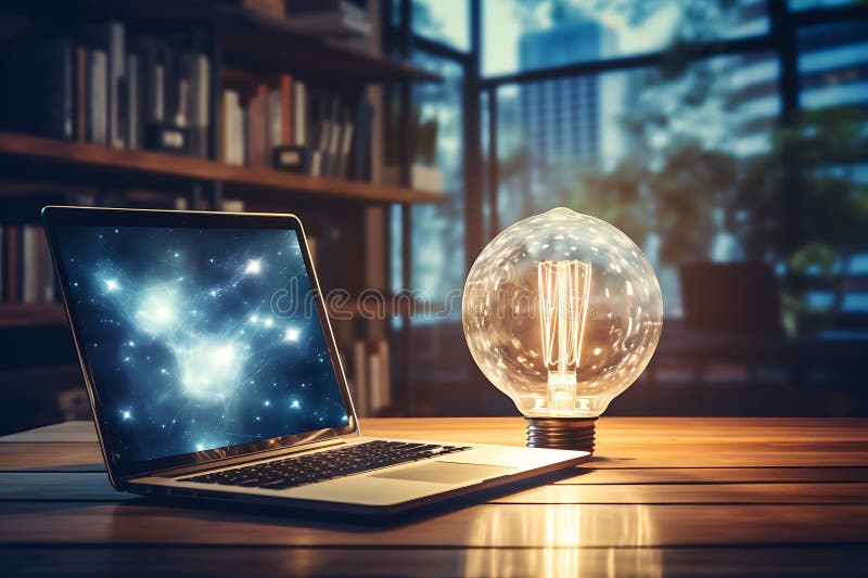 Computer on Table in Office with Glowing Light Bulb. Idea Concept Stock ...