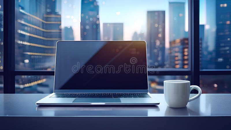 Computer on a Table in the Office of a High-story Building.a White Mug ...