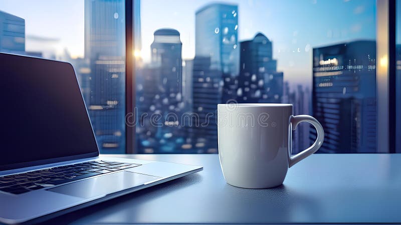 Computer on a Table in the Office of a High-story Building.a White Mug ...