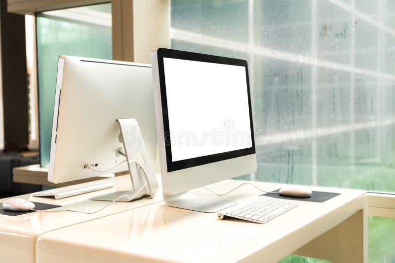 Computer on Table in Office, Workspace . Stock Image - Image of trendy ...