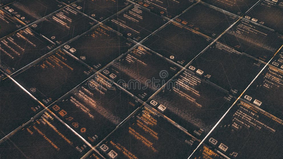 Computer Table with Program Text. Animation. 3d Table in Computer Database with Program Codes ...