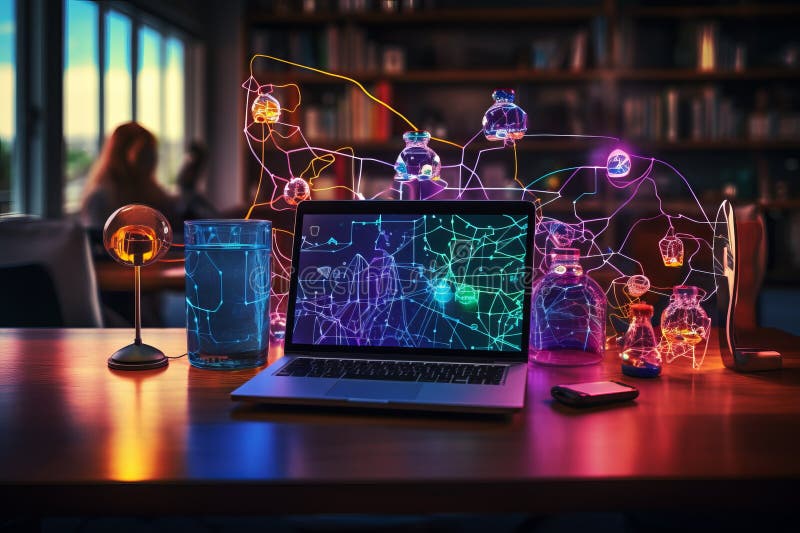 Computer on Table with Social Network Theme Drawing. Multi Exposure ...