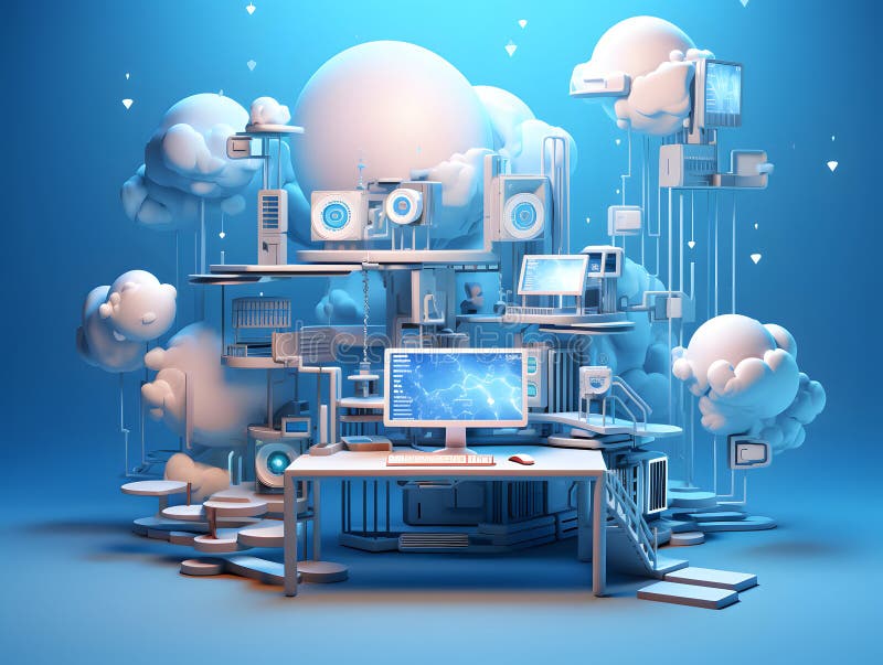 A Computer on a Table Surrounded by Clouds Stock Illustration ...