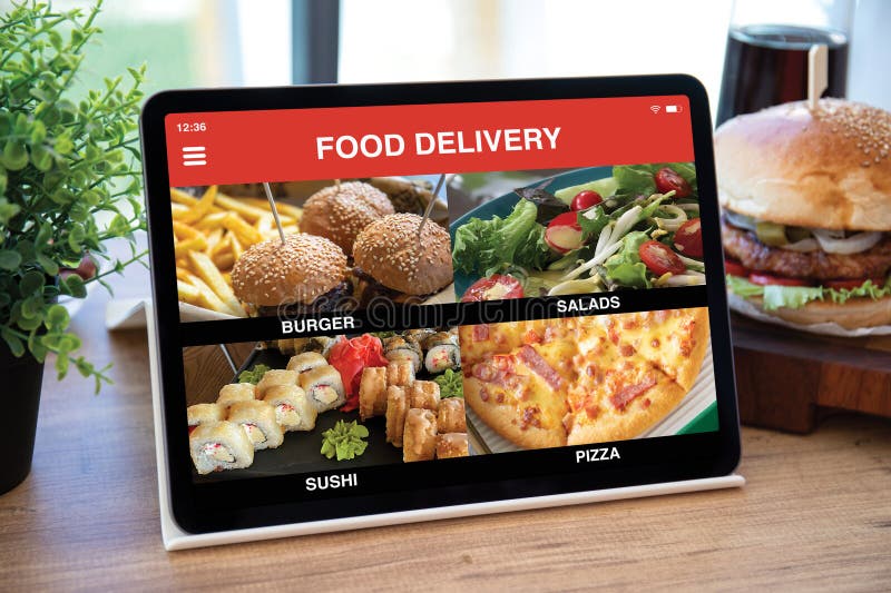 Computer Tablet with App Food Delivery on Screen in Cafe Stock Photo ...
